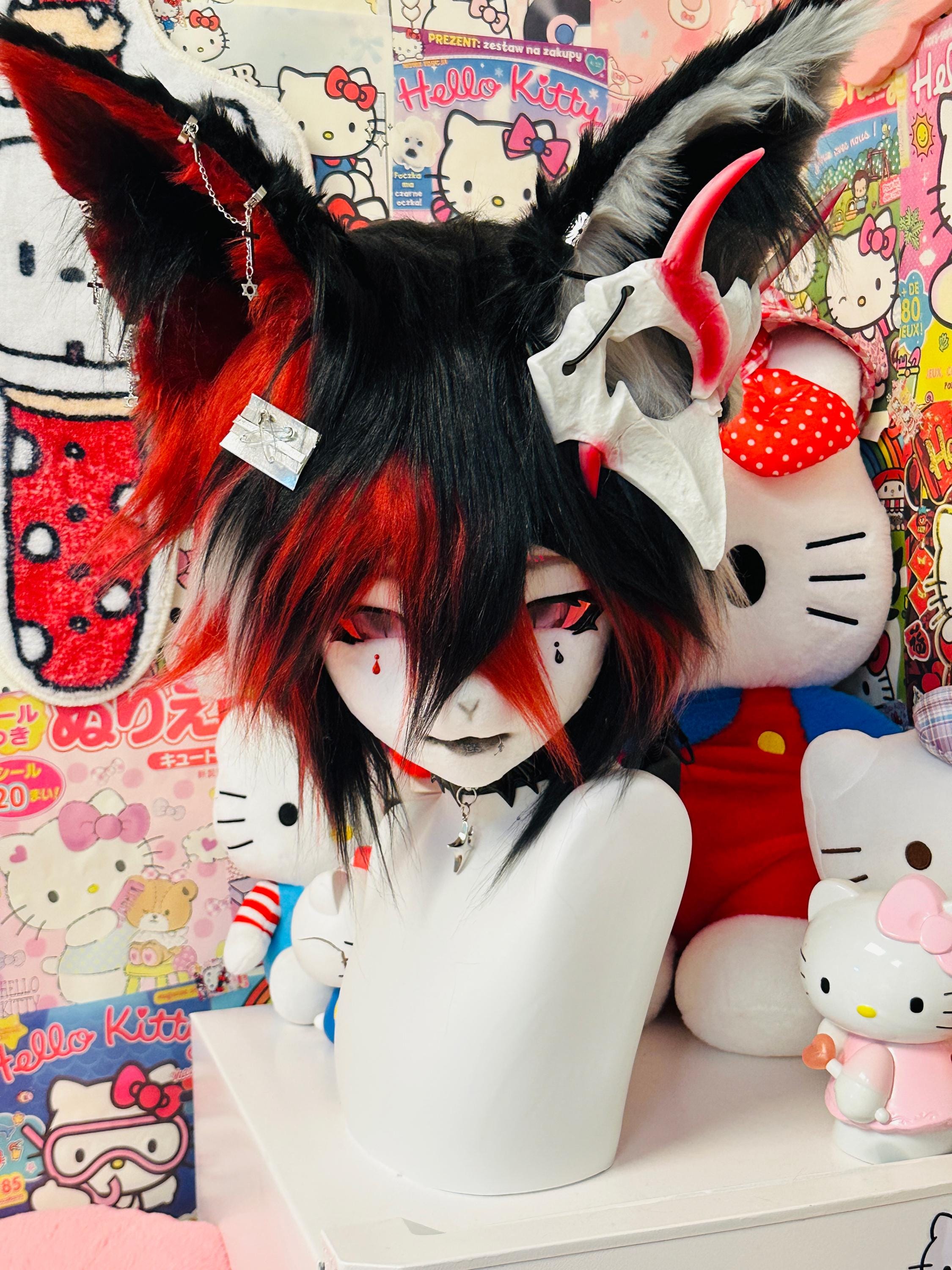 Custom Kemono Fursuit Head, Kuroyami Black Red Fox Mask, Visual Kei ...