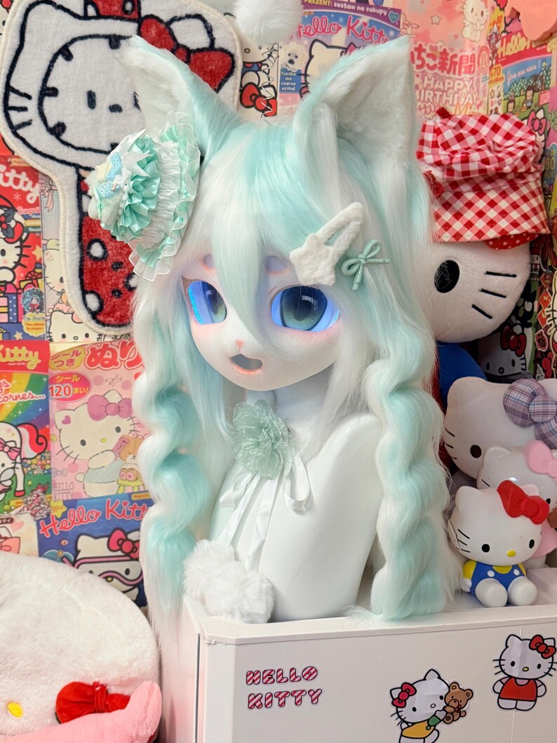 Handmade Custom Kemono Fursuit Head, Mint Fox Cosplay Mask With Braided ...