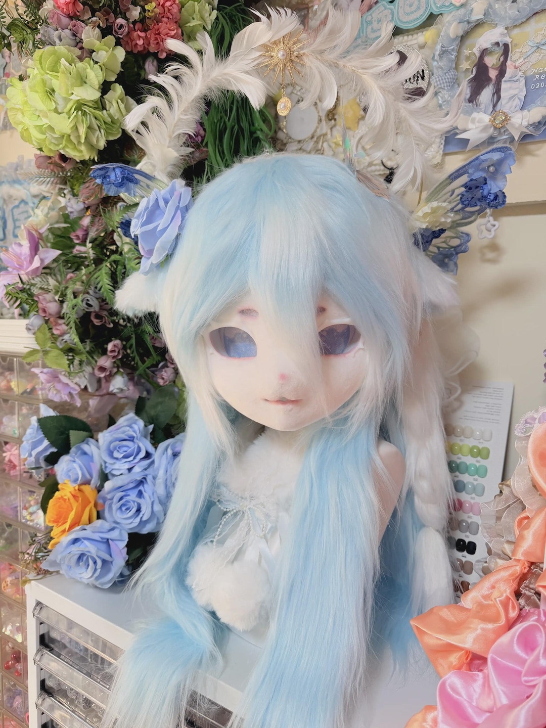 Custom Kemono Fursuit Head, Pastel Blue Fox Cat Mask With Feather ...