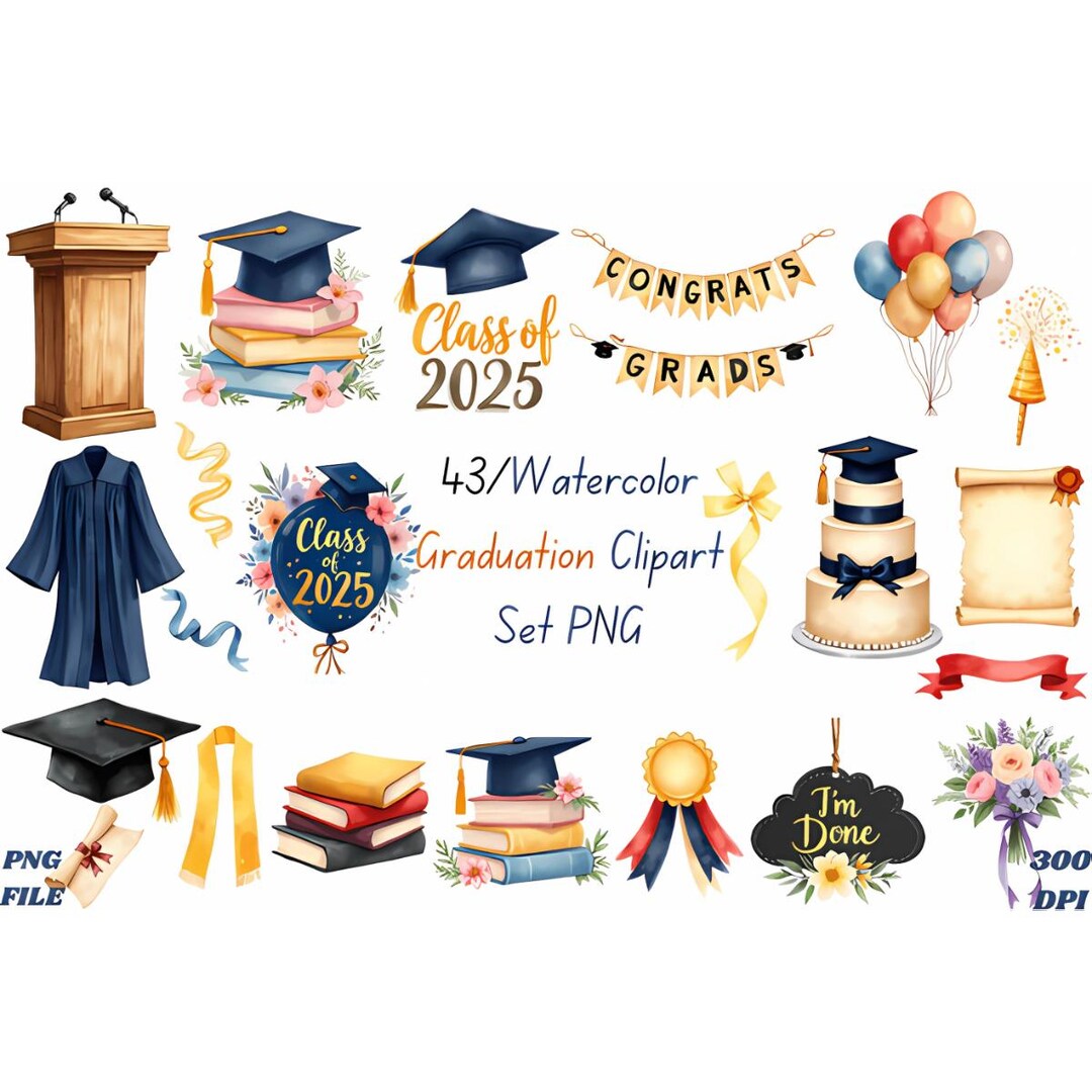 43 Graduation Watercolor Clipart, Graduation Clipart Bundle, Graduation ...