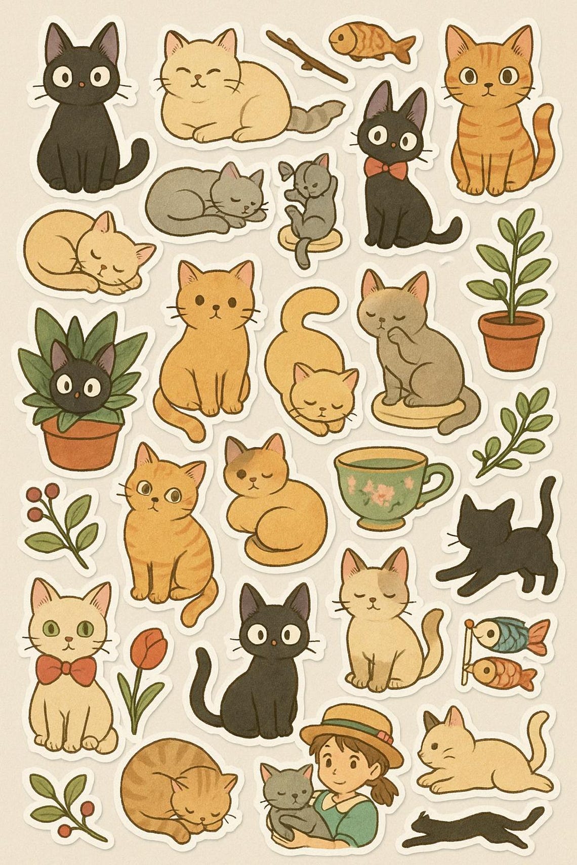 Ghibli Style Cat Sticker Pack – 100+ Printable Anime Cat Stickers for ...