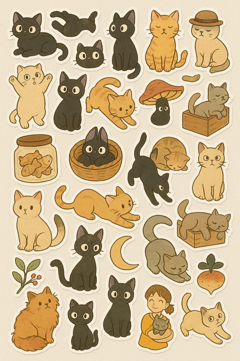 Ghibli Style Cat Sticker Pack – 100+ Printable Anime Cat Stickers for ...