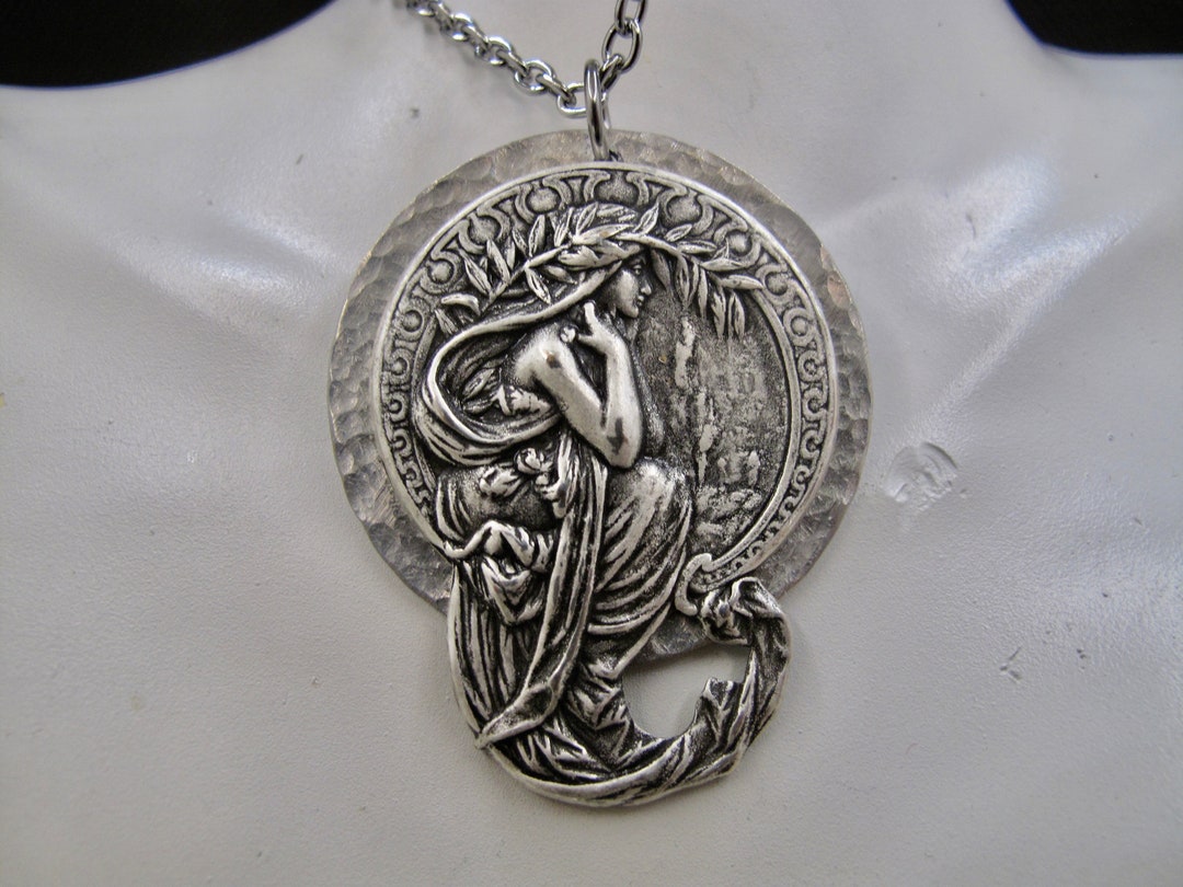 Alphonse Mucha Poetry Maiden Pendant in Antique Silver With a Stainless ...