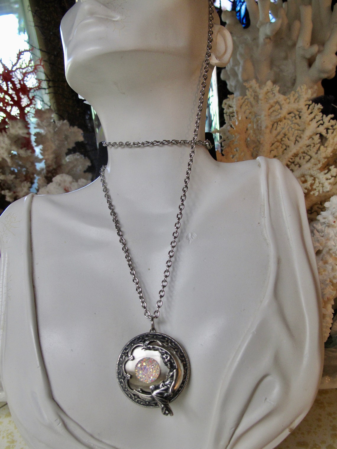 Moon Goddess Locket with a 12mm White Druzy. Victorian Moon | Etsy