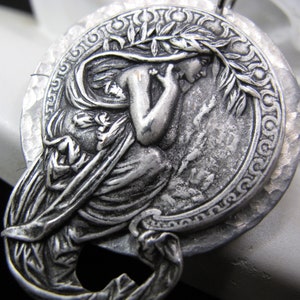 Alphonse Mucha Poetry Maiden Pendant in Antique Silver With a Stainless ...