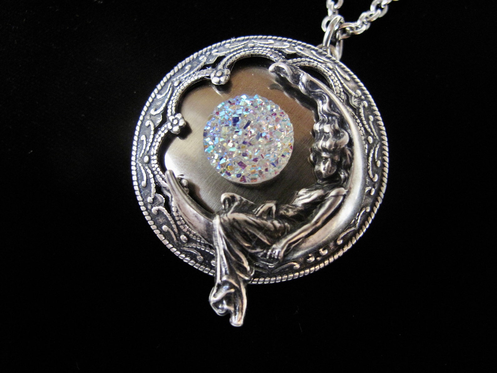 Moon Goddess Locket with a 12mm White Druzy. Victorian Moon | Etsy