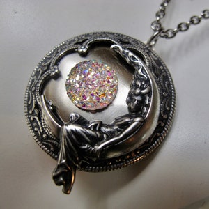 Moon Goddess Locket With a 12mm White Druzy. Victorian Moon Locket ...