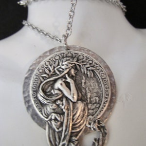Alphonse Mucha Poetry Maiden Pendant in Antique Silver With a Stainless ...