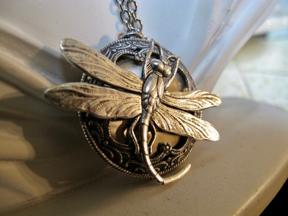The Most Beautiful Dragonfly Locket Necklace in Antique Silver With a Stainless Steel 24 Inch Rolo Chain Etsy