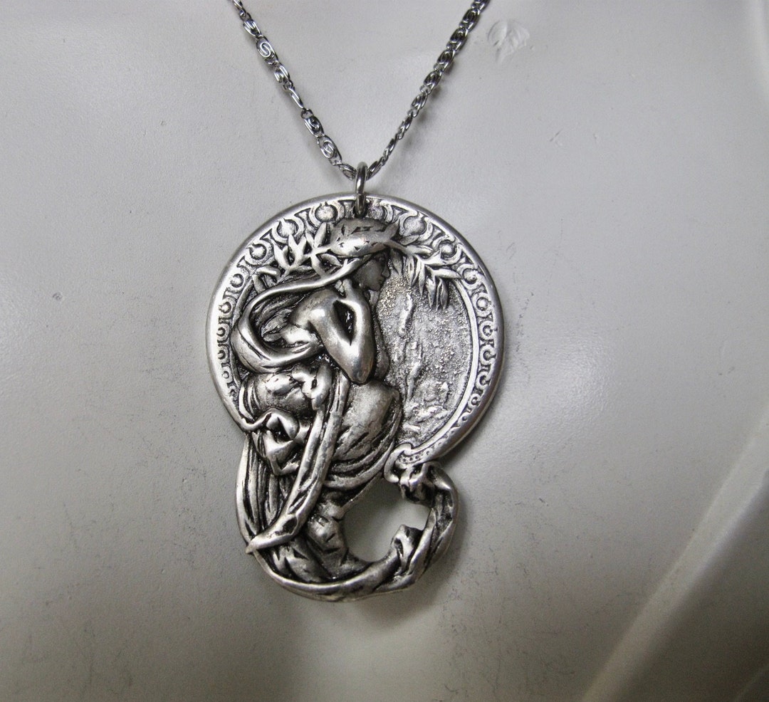 Alphonse Mucha Poetry Maiden Pendant in Antique Silver With a Stainless ...