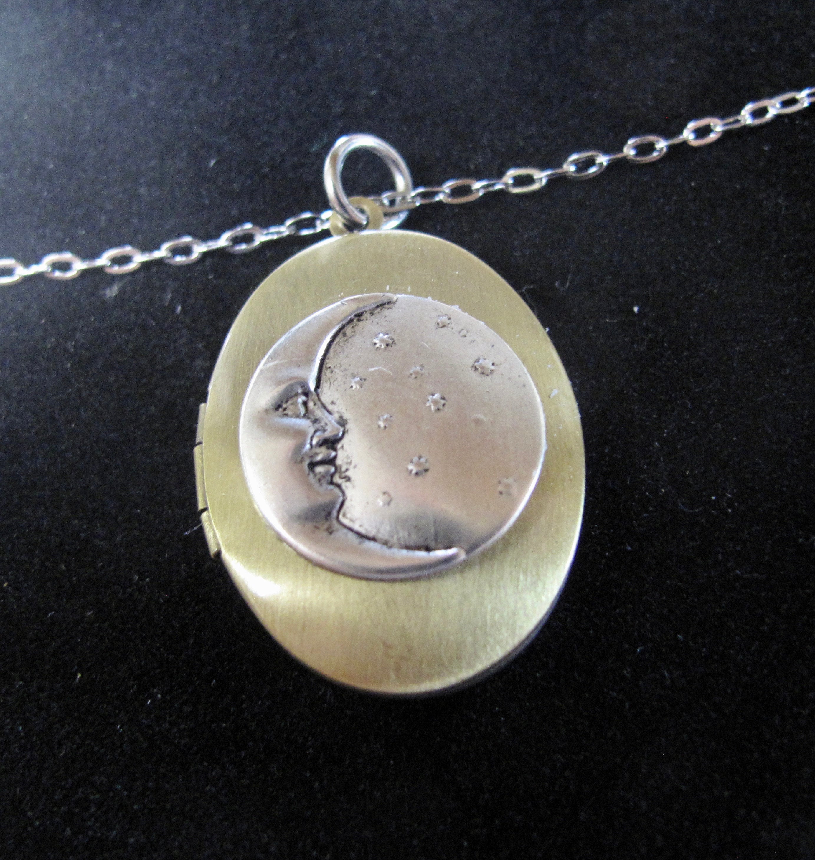 Celestial Crescent Moon Locket in Antique Brass with a | Etsy