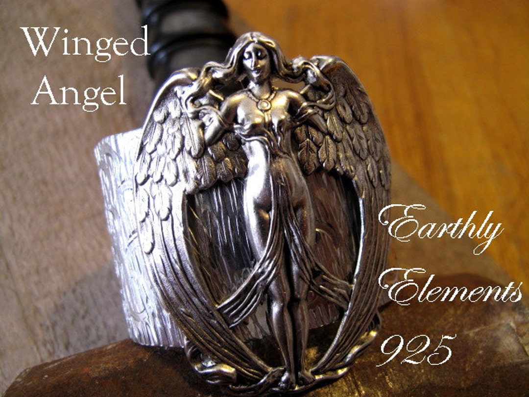 Winged Angel Set on a Hammered Aluminum Wide Cuff Neo Victorian - Etsy