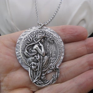 Alphonse Mucha Poetry Maiden Pendant in Antique Silver With a Stainless ...