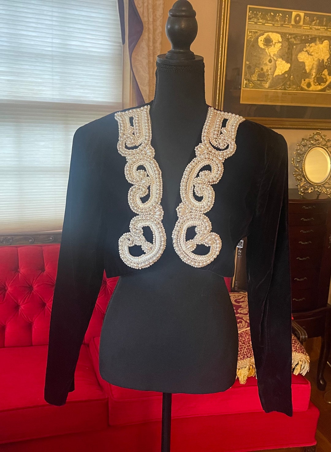 Darkest Brown Black Bolero Faux Pearl Appliqué Formal Bolero Vintage ...