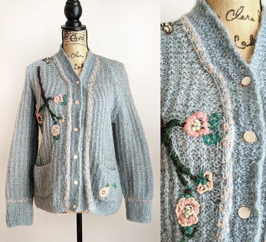 50s Crochet Floral Cardigan, Vintage Wool Knit Cardigan Sweater, Blue ...