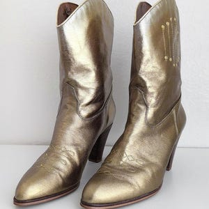 Vintage 70s Metallic Gold Cowboy Boots, Western High Heel Gold Boots ...