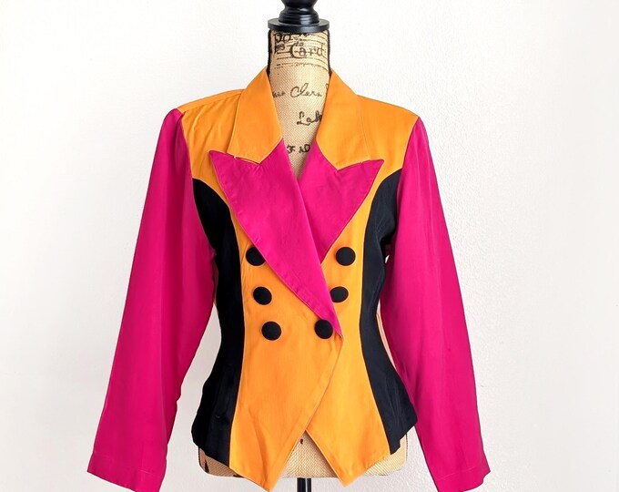 Vintage 80s Colorblock Blazer New Wave Orange Fuchsia Black Size 9 ...