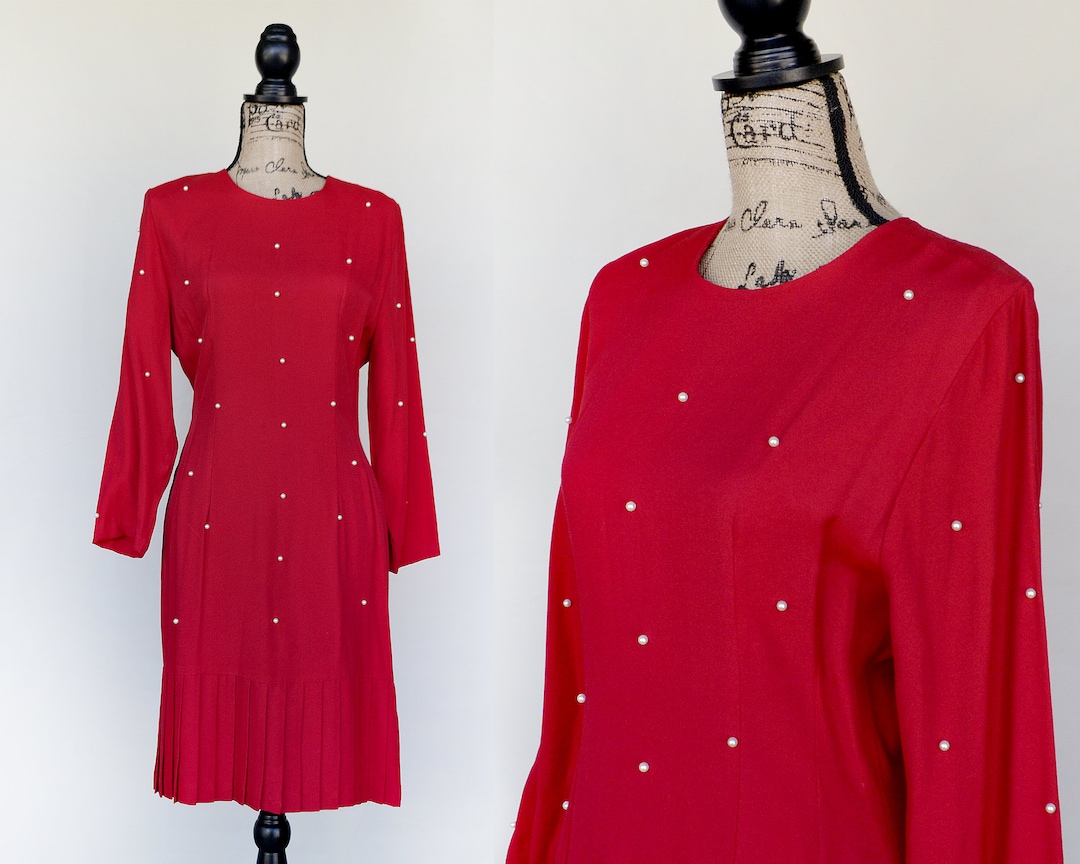Vintage Red Dress, Red Drop Waist Dress, 80s Red Midi Dress With Pearls ...