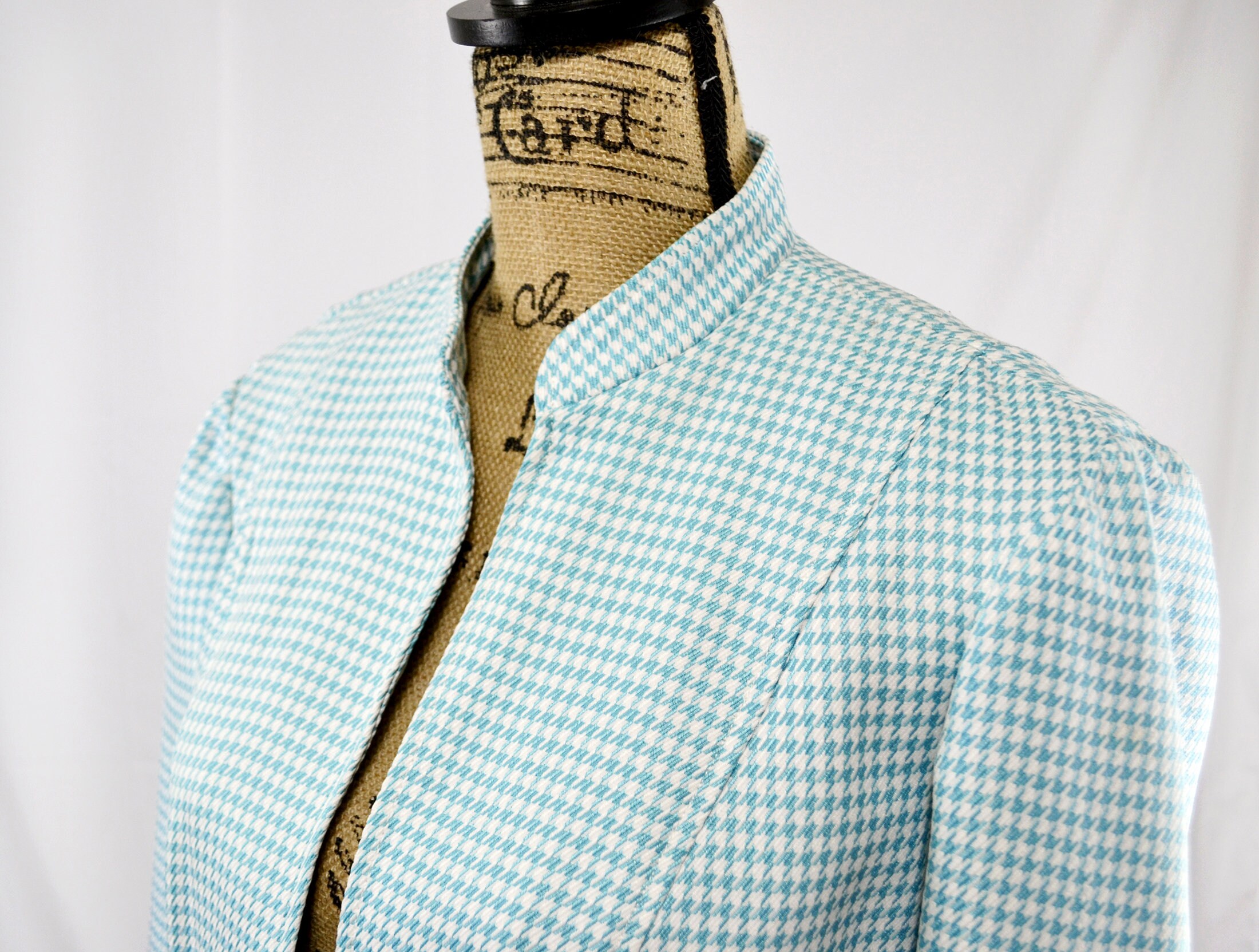 80s Blue Houndstooth Jacket, Vintage Open Front Gingham Jacket, Size 12 ...