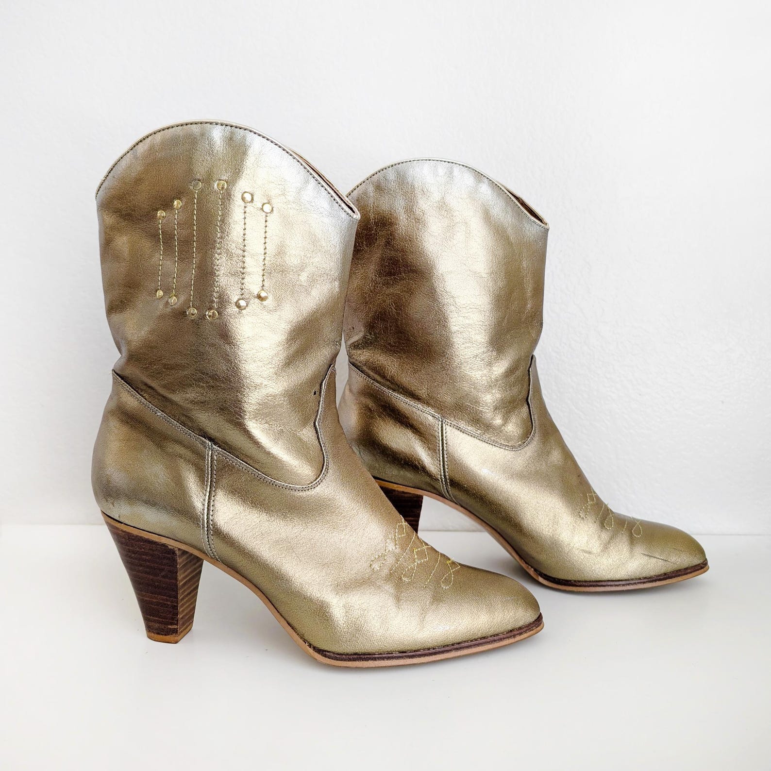 Vintage 70s Metallic Gold Cowboy Boots, Western High Heel Gold Boots ...