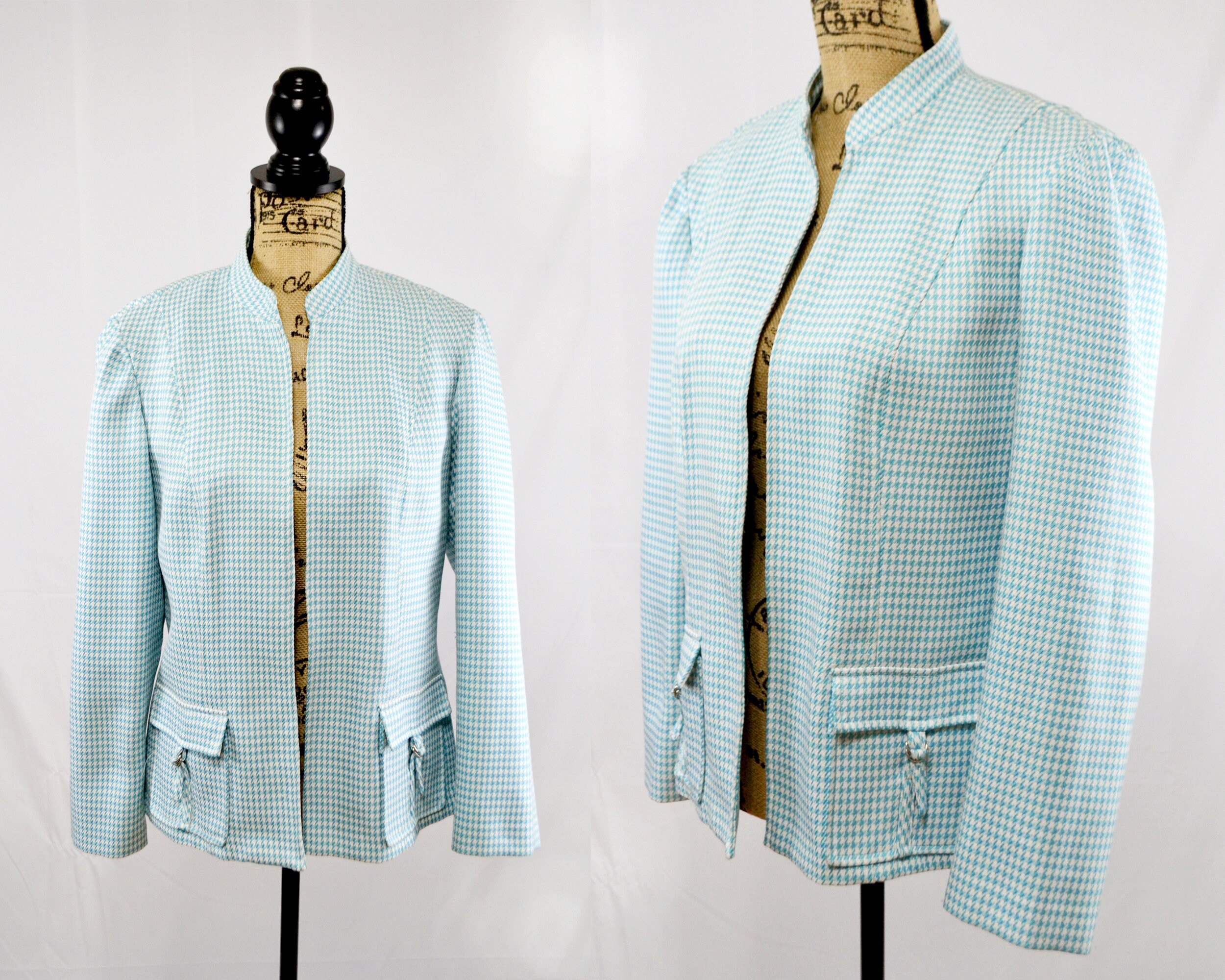 80s Blue Houndstooth Jacket, Vintage Open Front Gingham Jacket, Size 12 ...