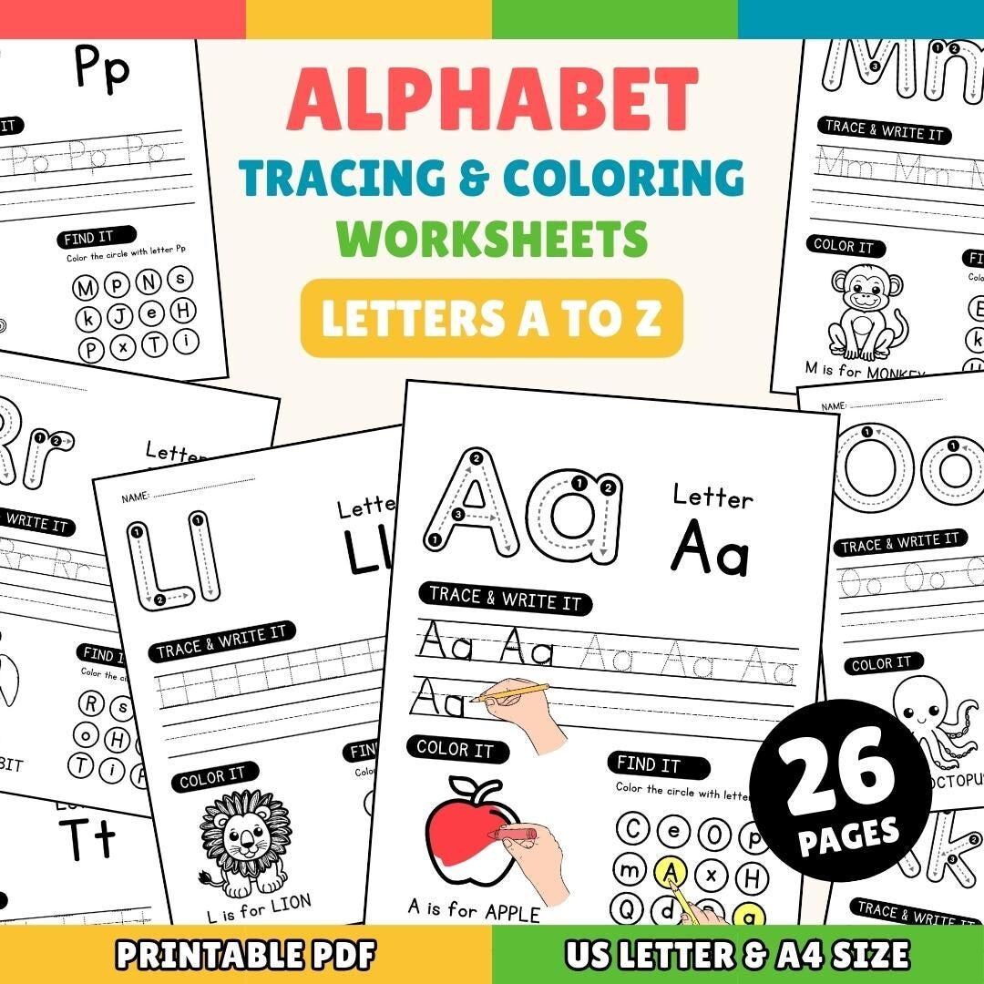Alphabet Tracing & Coloring Worksheets A-Z | Handwriting Practice PDF ...