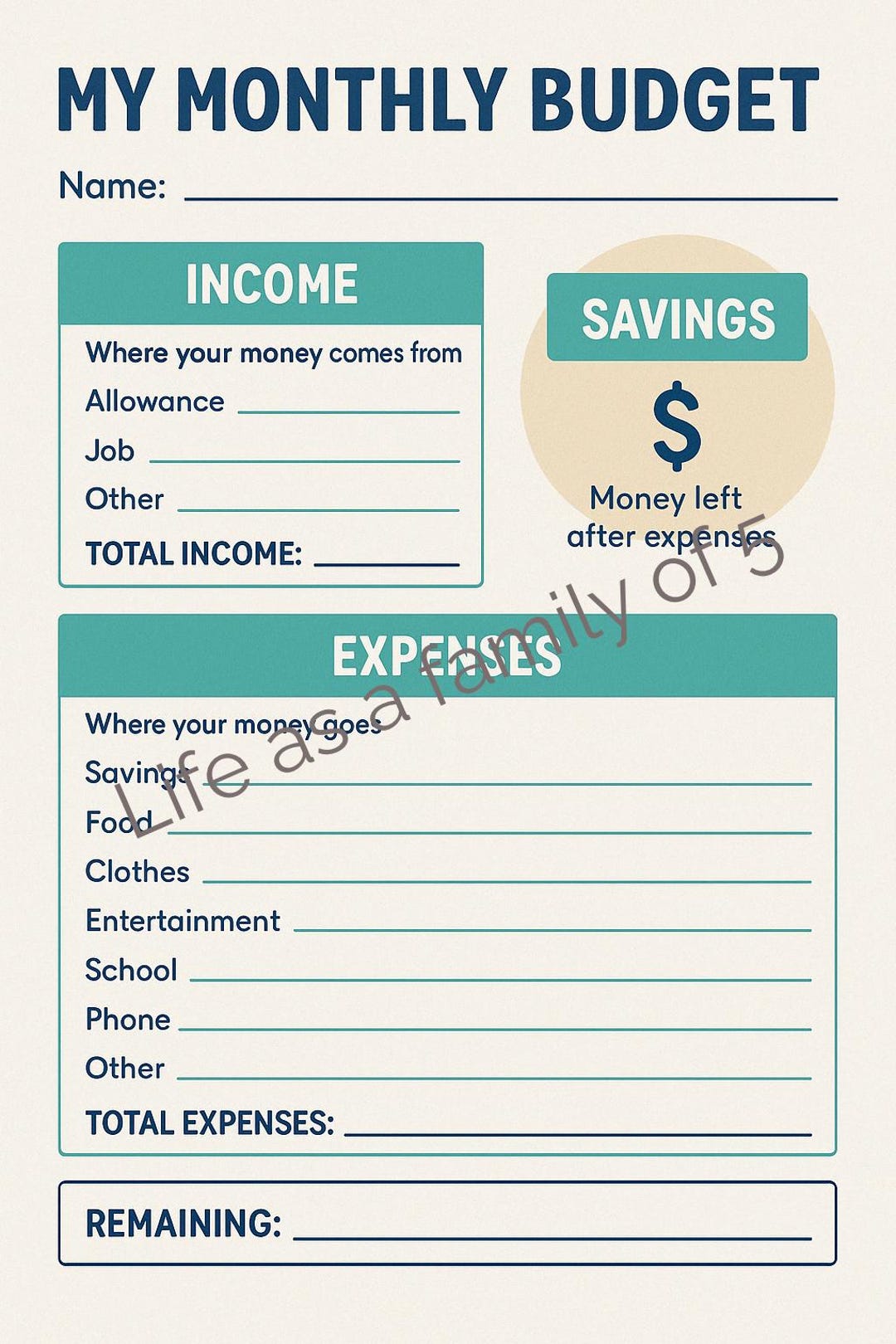 Teen Budget Sheet Printable | Monthly Money Tracker for Teens | Digital ...