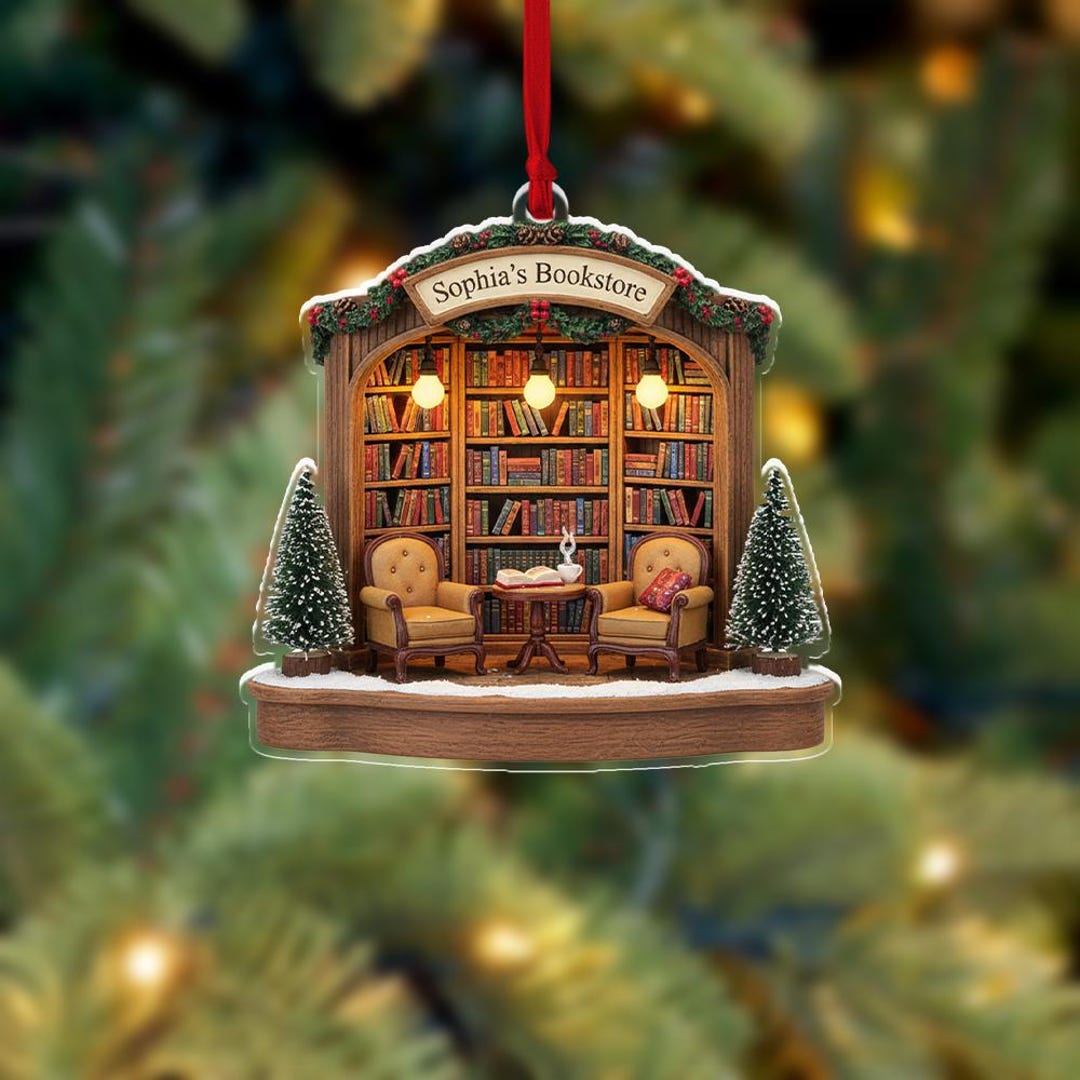 Personalized Bookstore Ornament – Custom Name Cozy Bookshop Holiday ...
