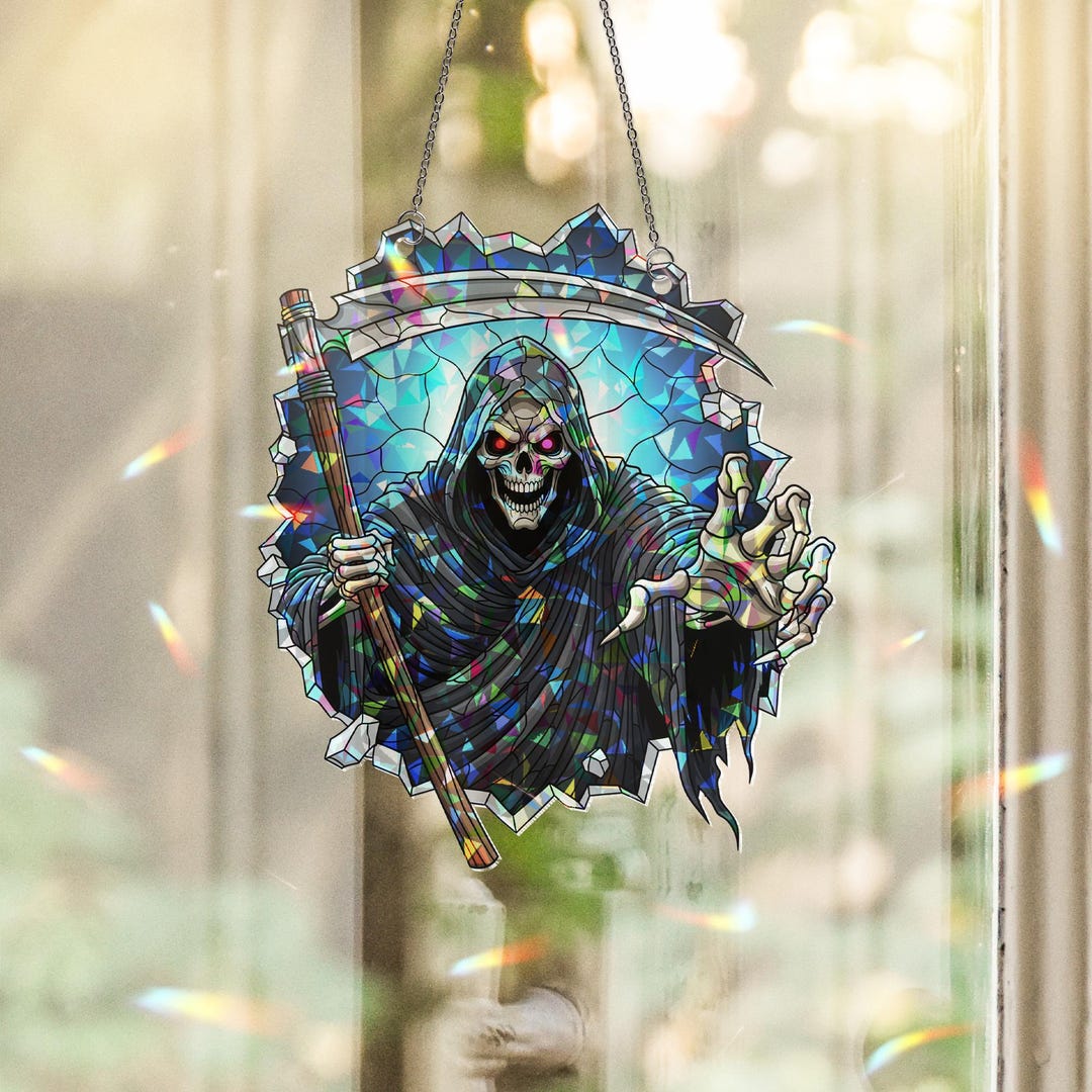 Grim Reaper Suncatcher – Stained Glass Skull Window Decor, Halloween ...
