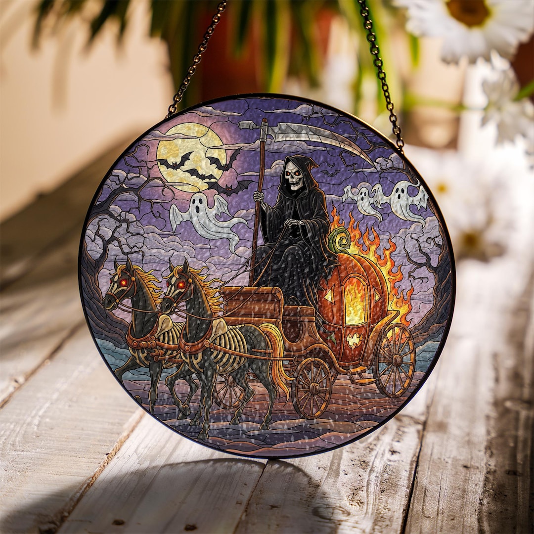 Grim Reaper Halloween Suncatcher | Pumpkin Carriage Stained Glass Decor ...