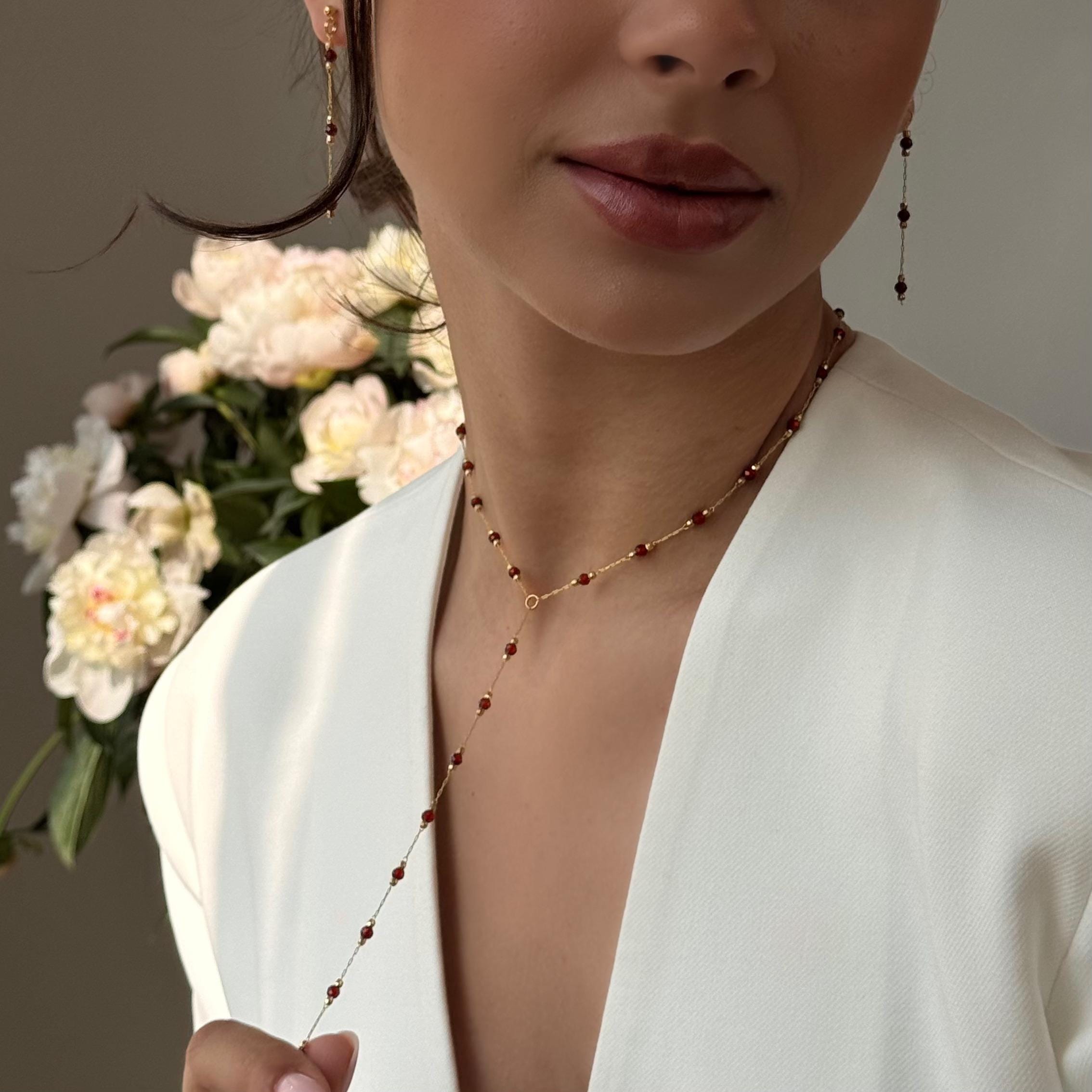 Elegant Garnet Y Necklace, Long Drop Earrings, Delicate Jewelry Women ...