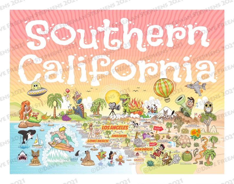 Spectacular Southern California Cartoon Map - Etsy