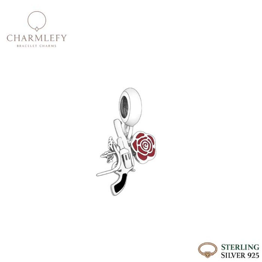 Gun and Red Rose Flower Dangle Charm | Fits Pandora Bracelets ...