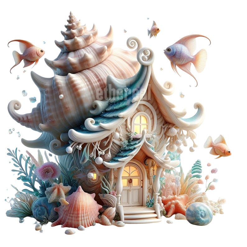 Seashell Fairy House Clipart, Underwater Fantasy Clip Art, Whimsical ...