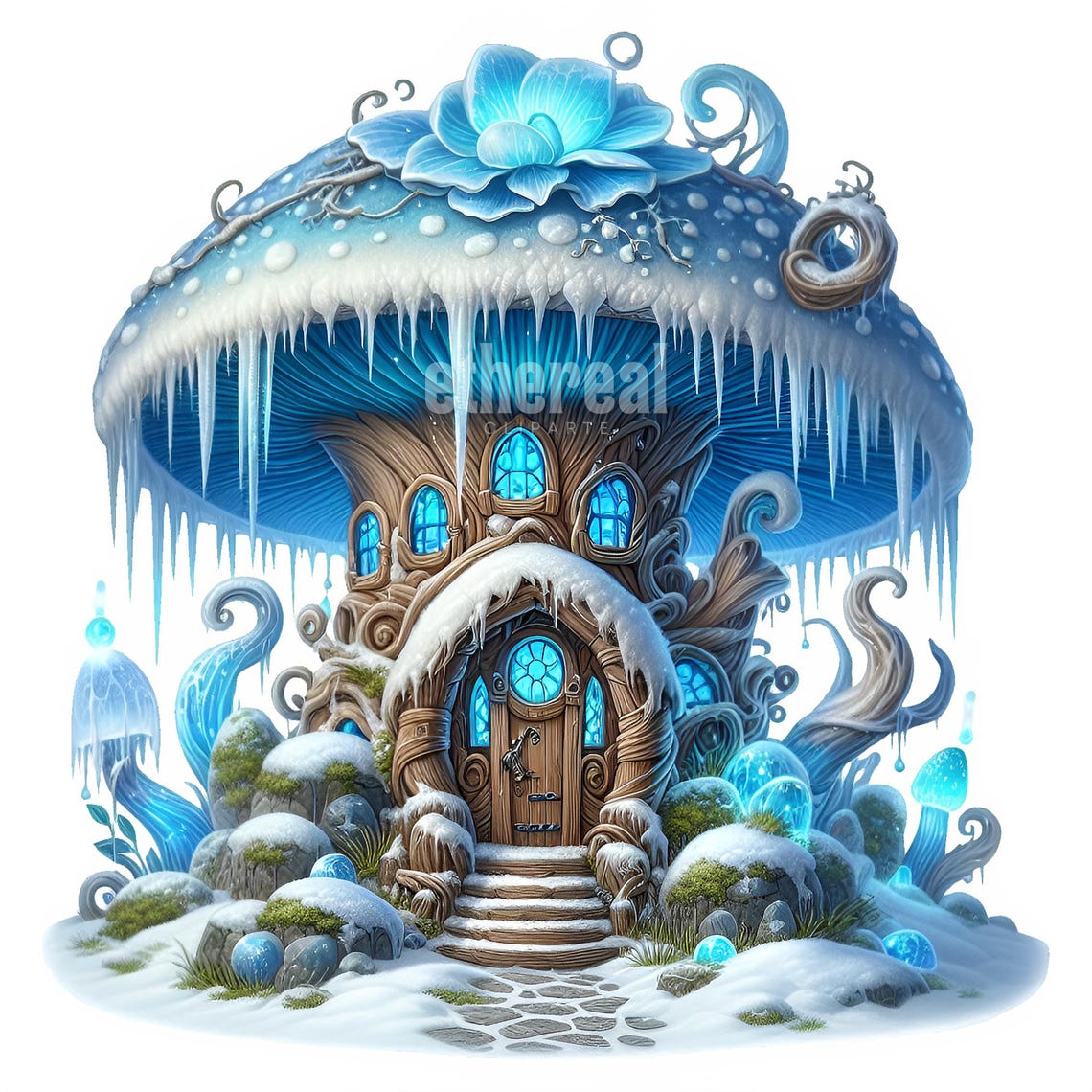 Winter Blue Mushroom House Clipart: Fairy Tale PNG Bundle (set of 10 ...