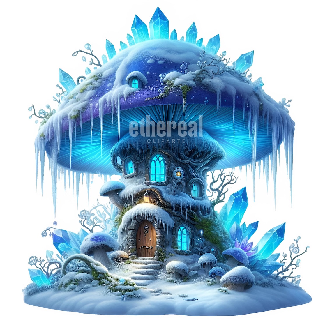 Winter Blue Mushroom House Clipart: Fairy Tale PNG Bundle (set of 10 ...