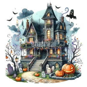 Watercolor Haunted House Clipart: Halloween Digital Art (set of 10 ...