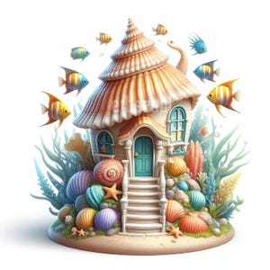 Seashell Fairy House Clipart, Underwater Fantasy Clip Art, Whimsical ...