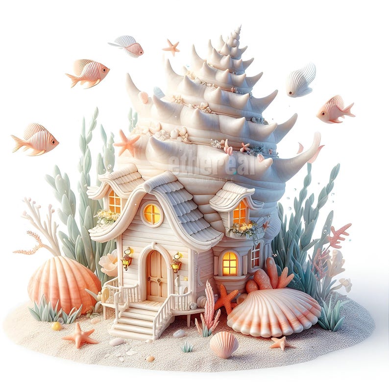 Seashell Fairy House Clipart, Underwater Fantasy Clip Art, Whimsical ...