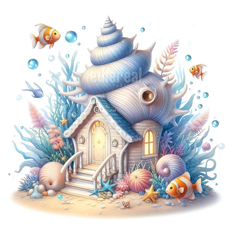 Seashell Fairy House Clipart, Underwater Fantasy Clip Art, Whimsical ...