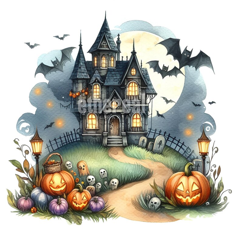Watercolor Haunted House Clipart: Halloween Digital Art (set of 10 ...
