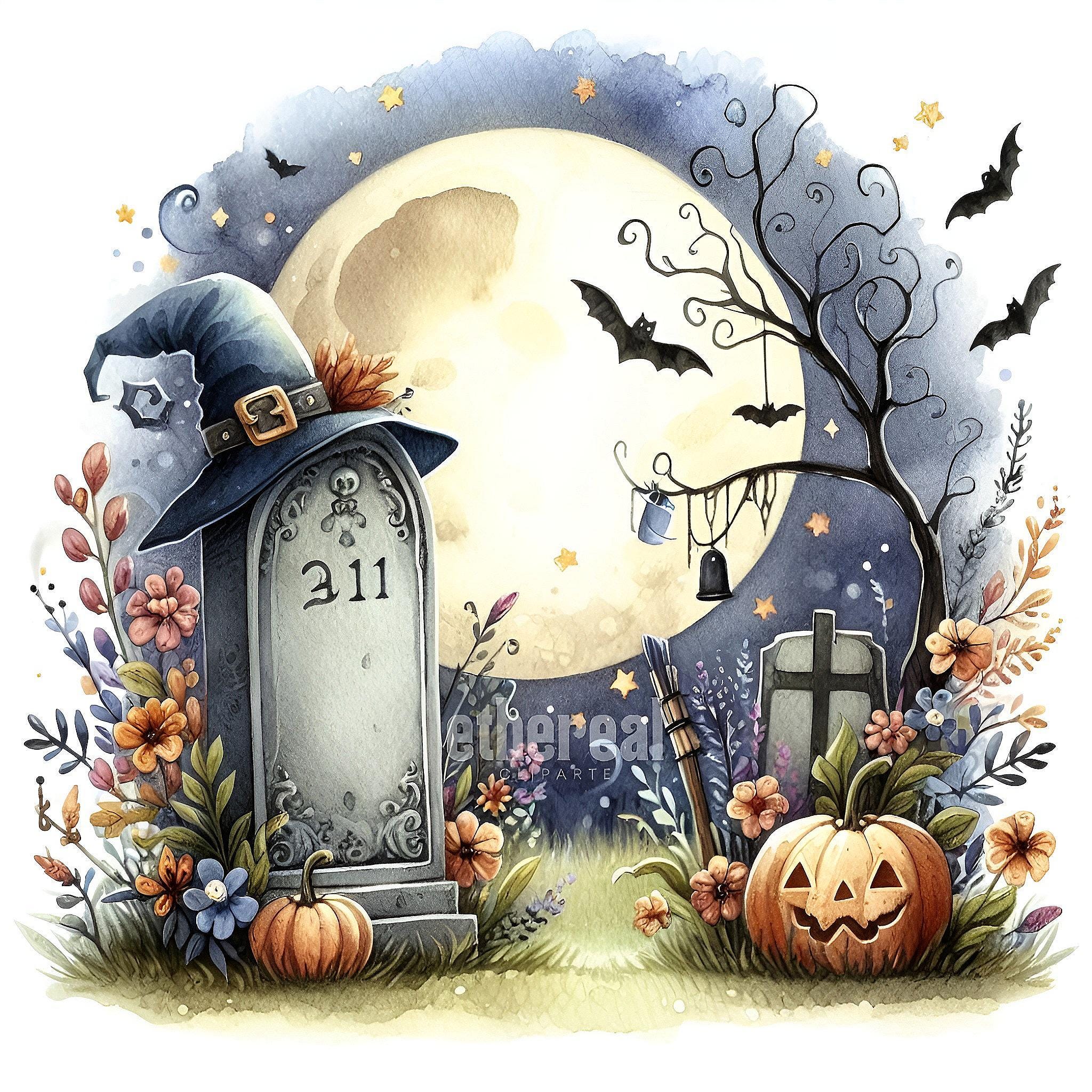Watercolor Halloween Tombstone Clipart: Spooky Gravestones (set of 10 ...