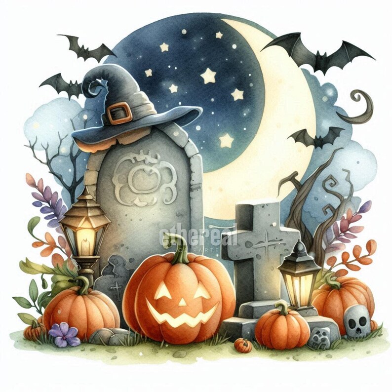 Spooky Halloween Tombstone Clipart, Halloween Clipart, Watercolor ...