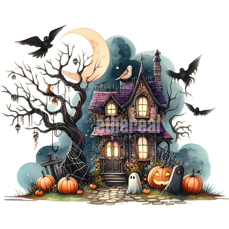 Watercolor Haunted House Clipart: Halloween Digital Art (set of 10 ...