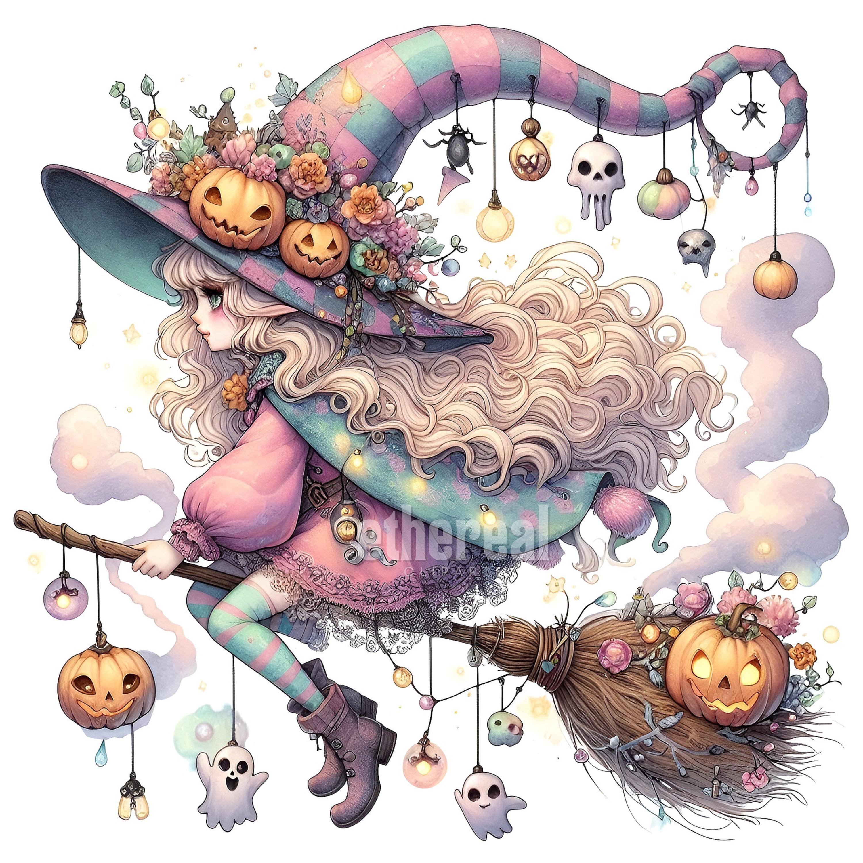 Pastel Witch on Broomstick Clipart, Halloween Clip Art (set of 10) - Etsy