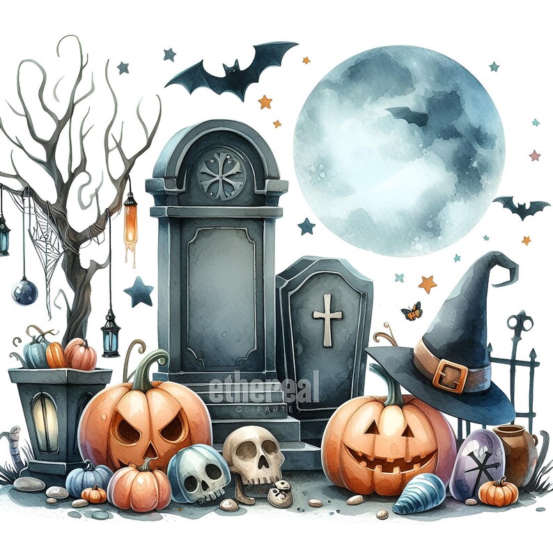 Watercolor Gravestone Clipart Set: Spooky Halloween Tombstones (digital ...