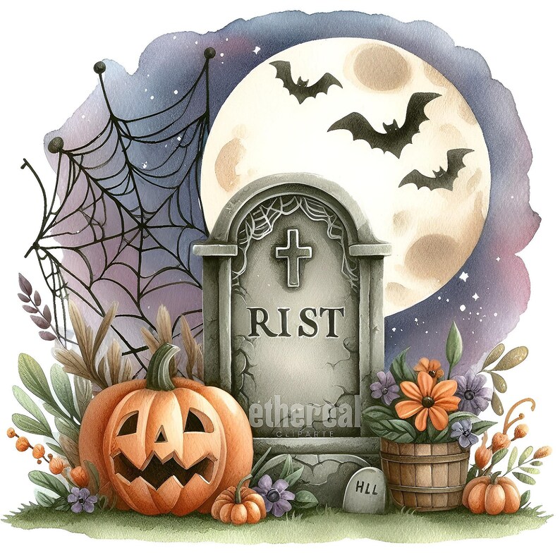 Watercolor Halloween Tombstone Clipart: Spooky Gravestones (set of 10 ...