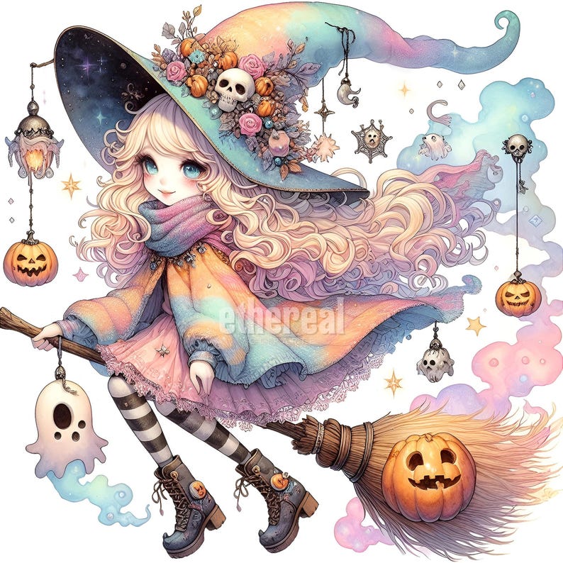 Pastel Witch on Broomstick Clipart, Halloween Clip Art (set of 10) - Etsy