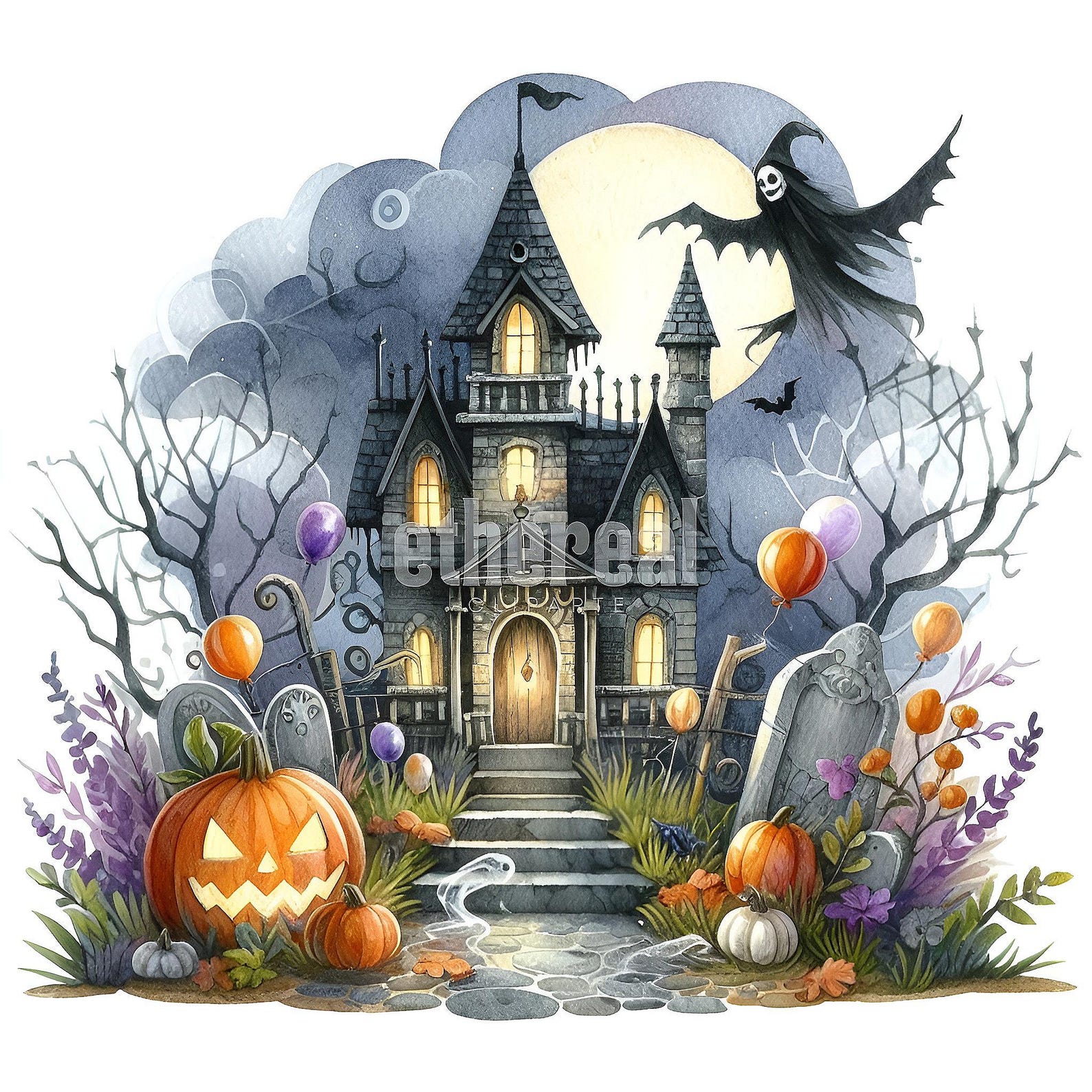 Watercolor Haunted House Clipart: Halloween Digital Art (set of 10 ...