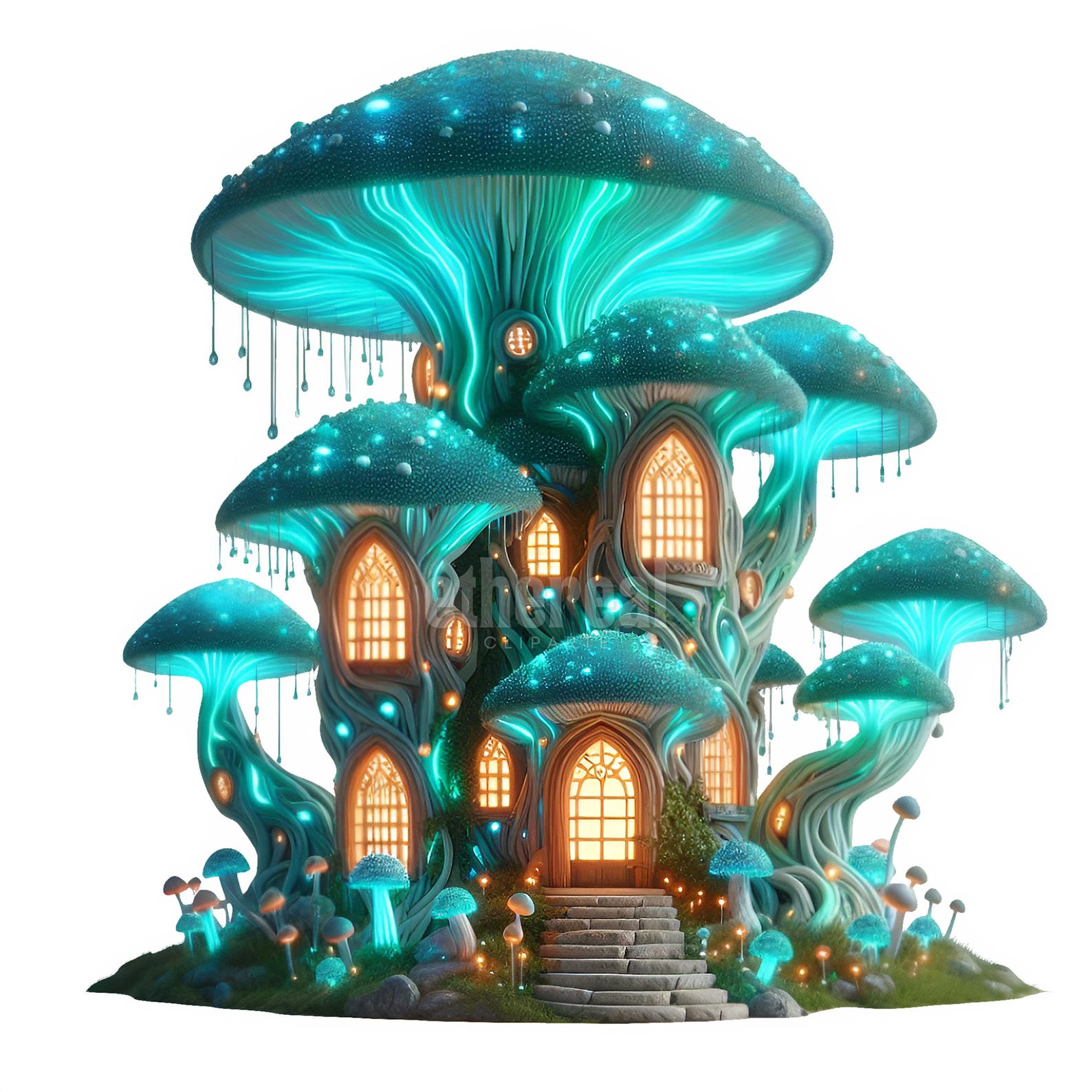 Glowing Mushroom Fairy House Clipart: Whimsical Digital Art (set of 10 ...